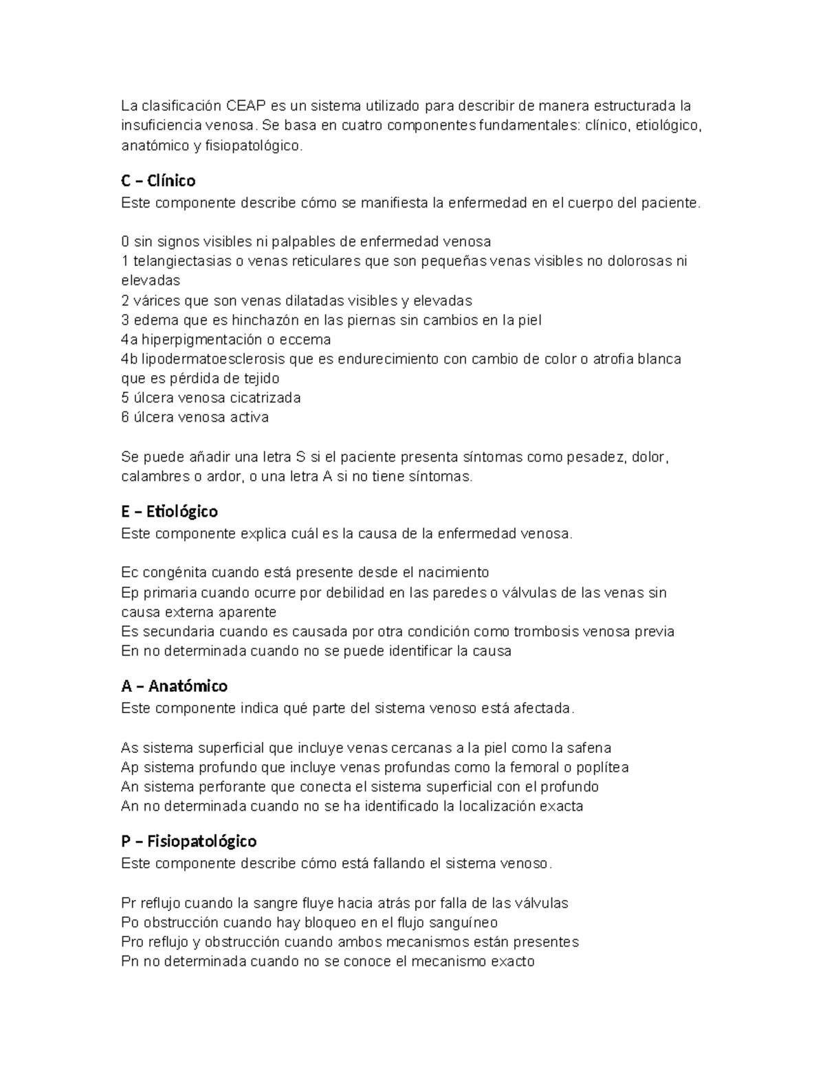 Clasificación CEAP de Insuficiencia Venosa: Componentes y Descripción ...