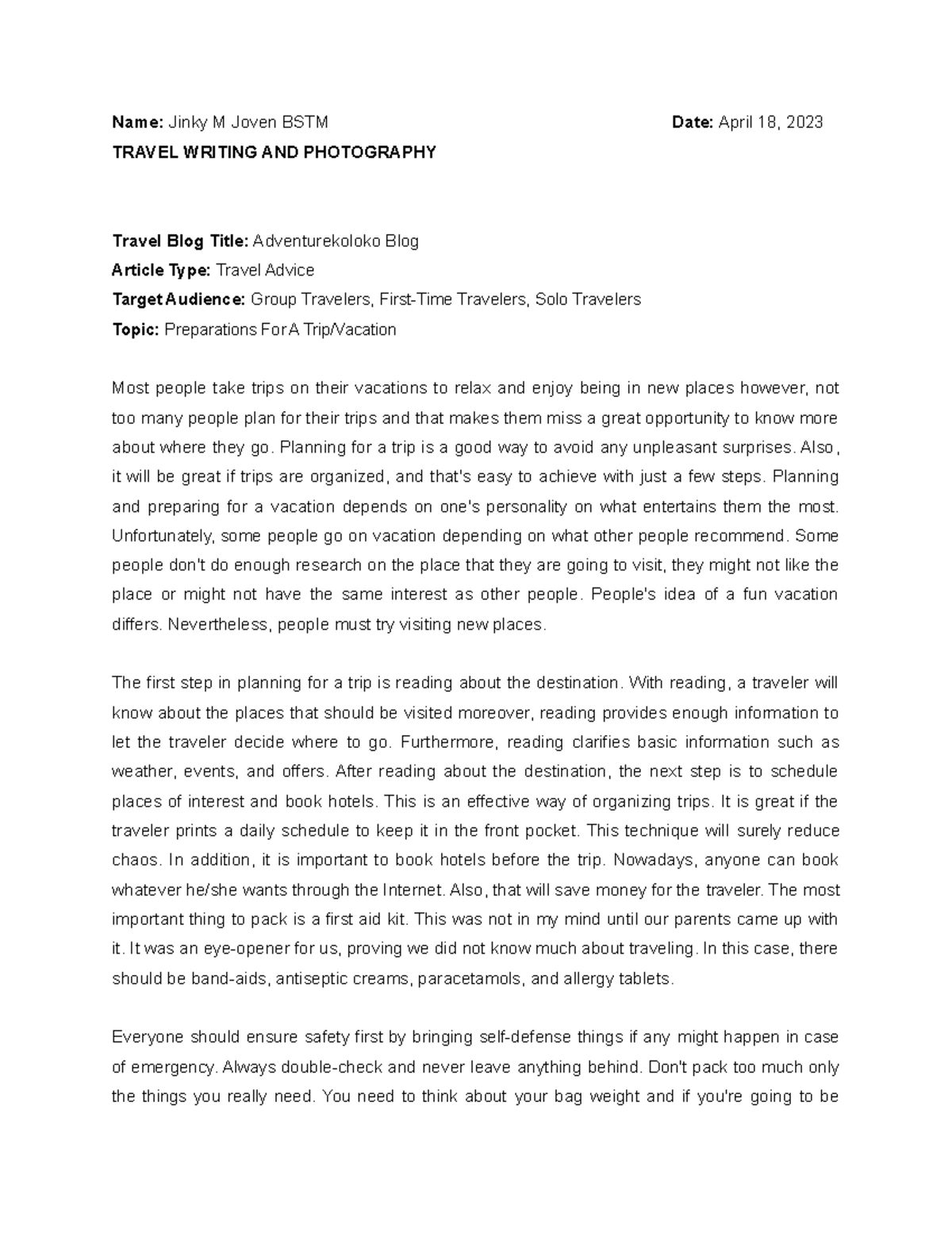 BSTM 7 Travel Writing & Photography Lab Exercise 1 Notes - Studocu