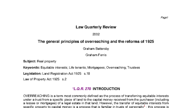 L.Q.R. 2002: Overreaching Principles & 1925 Reforms Analysis - Studocu