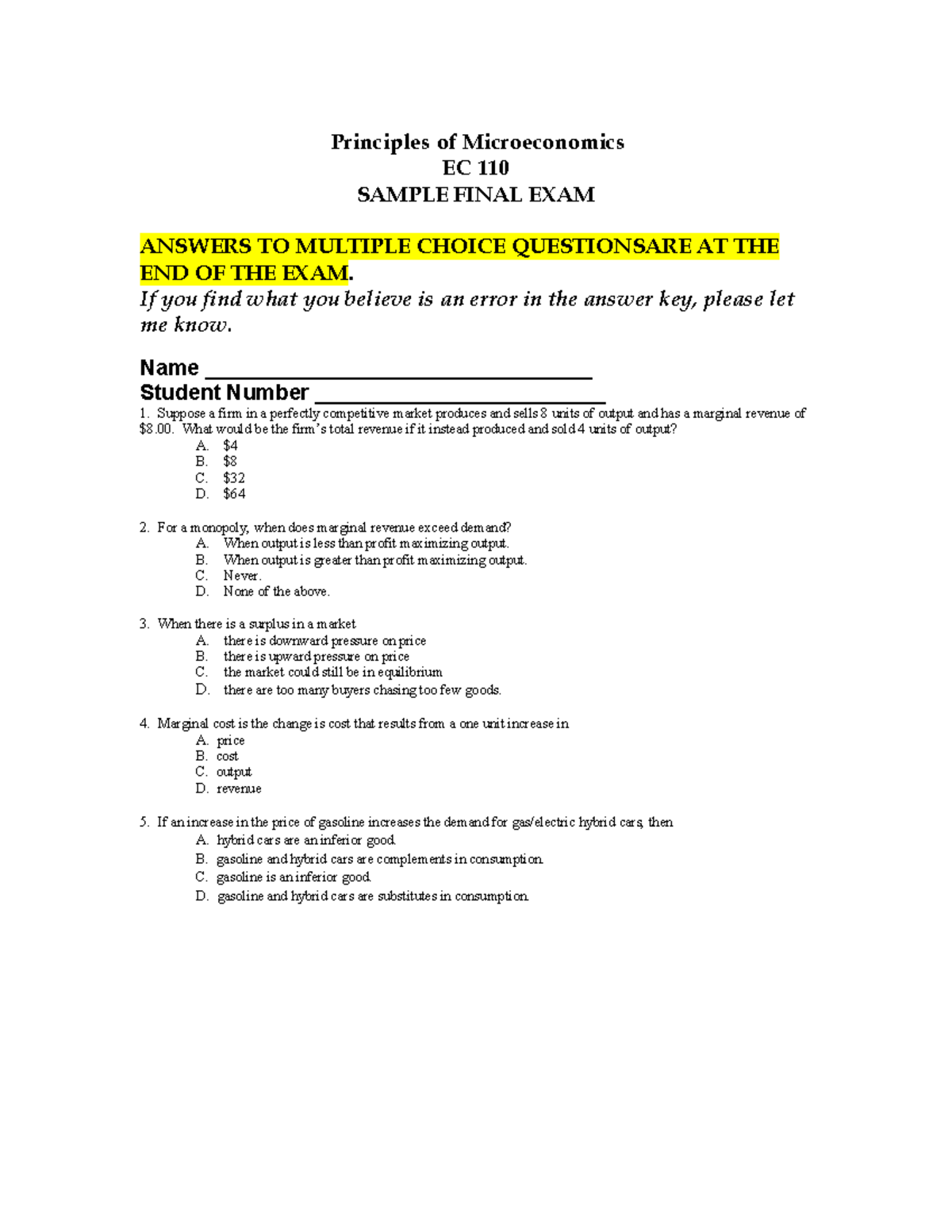 Sample Final Exam EC 110: Microeconomics Multiple Choice Questions ...