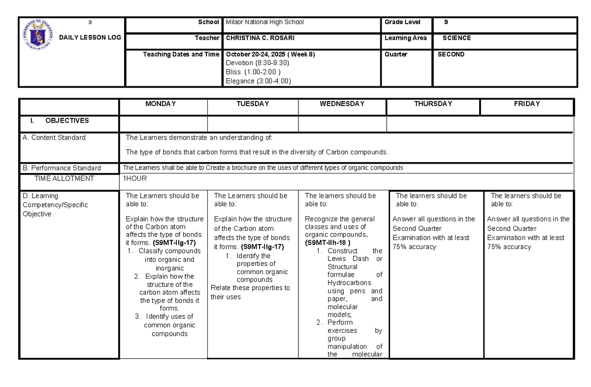 Science 9 Q2 Week 8 Daily Lesson Log on Organic Compounds - Studocu
