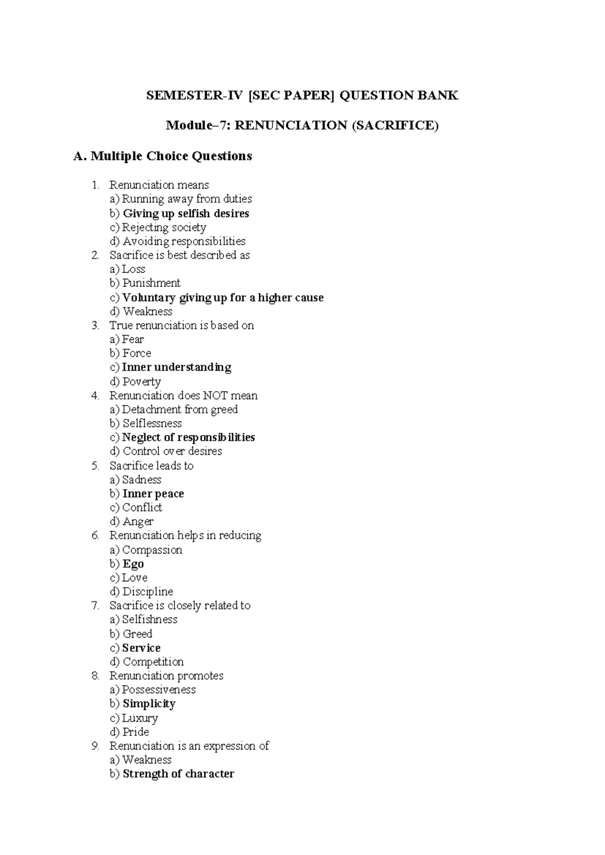 Renunciation (Sacrifice) - Module 7 - SEM 4 - Human Values Question ...