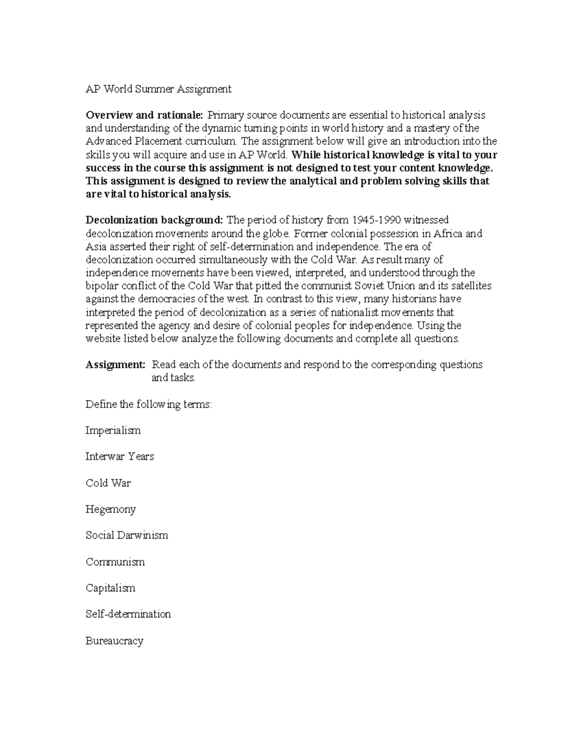 AP World Summer Assignment: Analyzing Decolonization Documents - Studocu