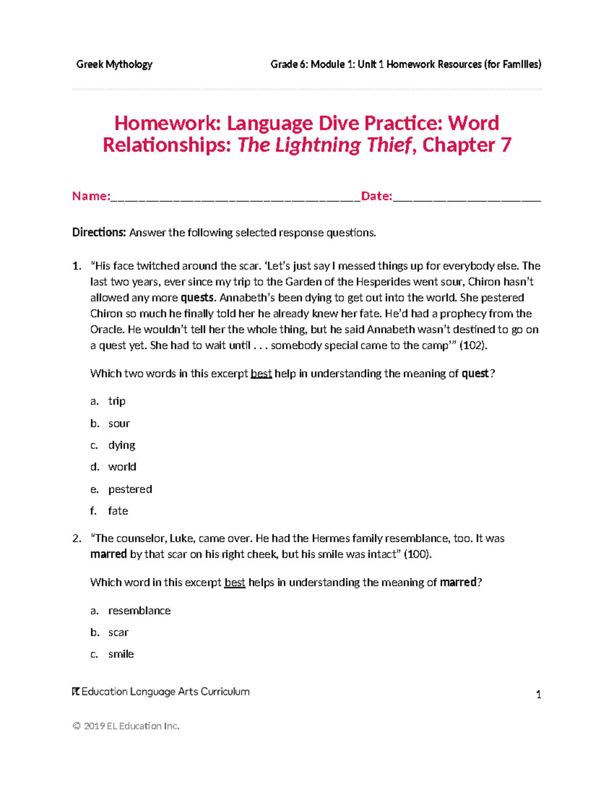 Ava Unit 1, Lesson 9: Language Dive Practice on Word Relationships ...