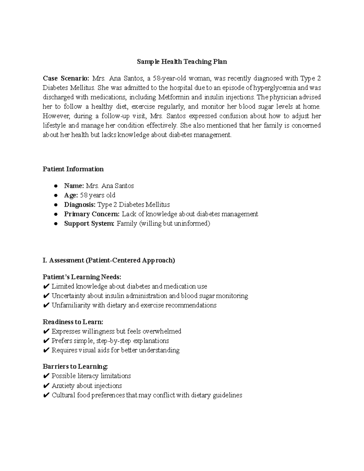 Sample health teaching plan for diabetes management: Mrs. Ana Santos ...