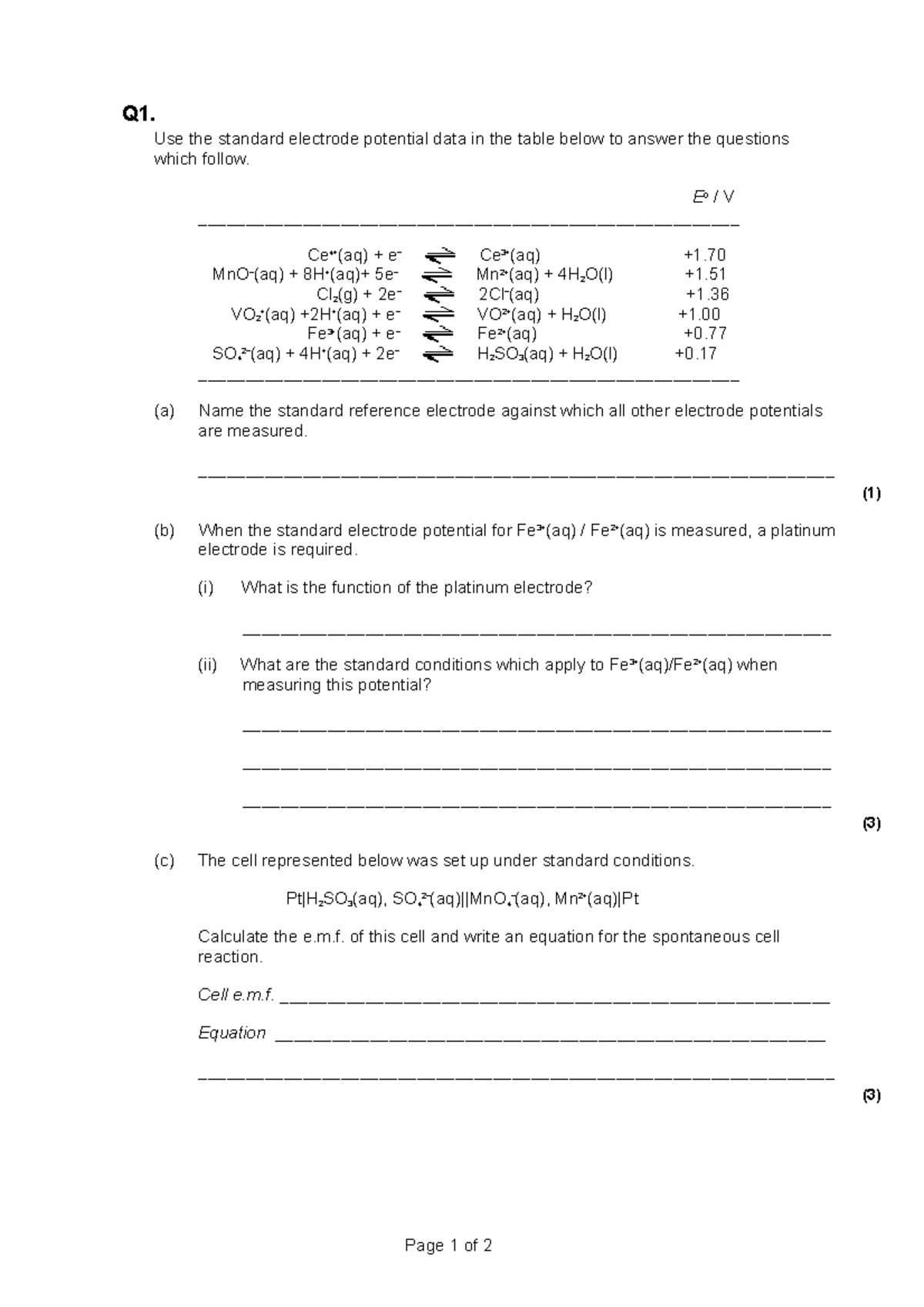 Electrochemical cells questions - Page 1 of 2 Q1. Use the standard ...