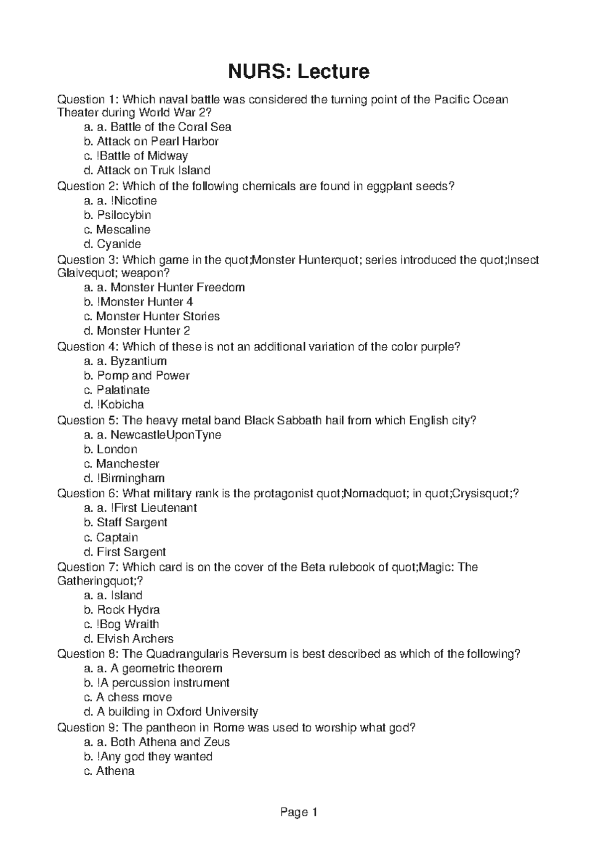 NURS254-Lecture-Quiz Questions on Diverse Topics - Studocu