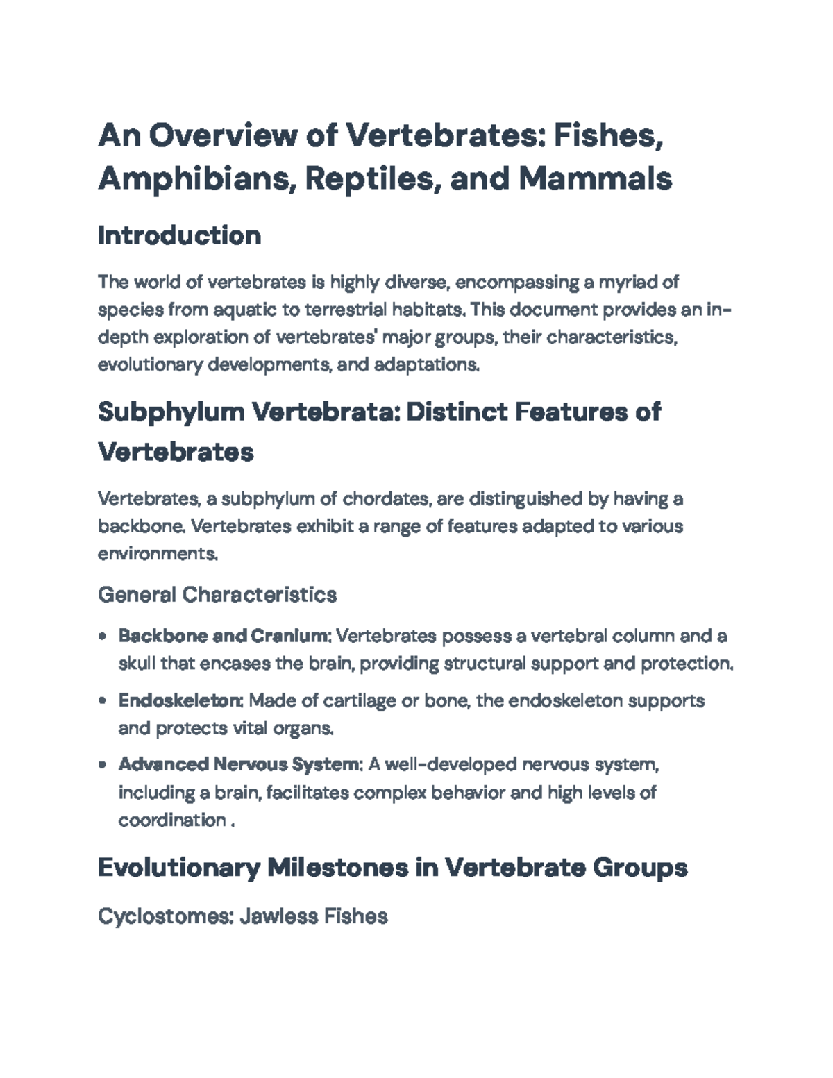 Comprehensive Overview of Vertebrate Evolution (BIO 101 Lecture Notes ...