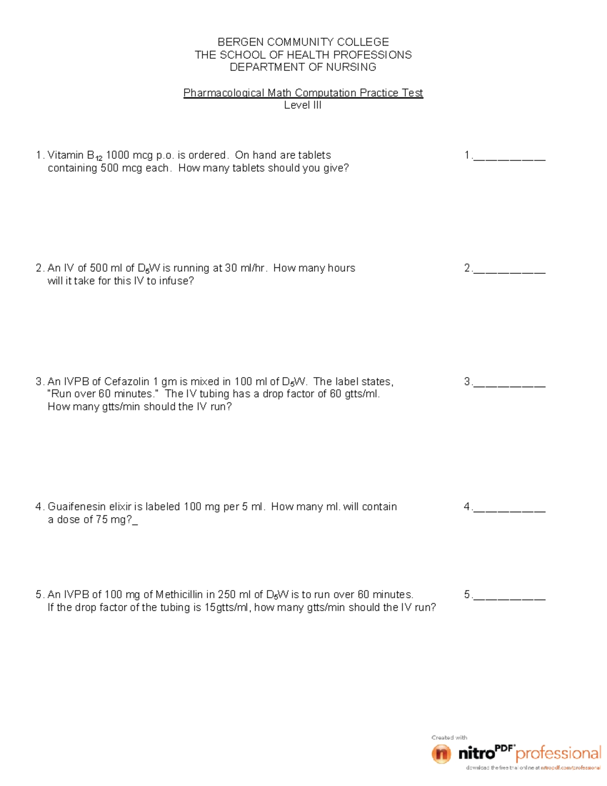 PMCE Level 3 Pharmacological Math Computation Practice Test 2012-2 ...