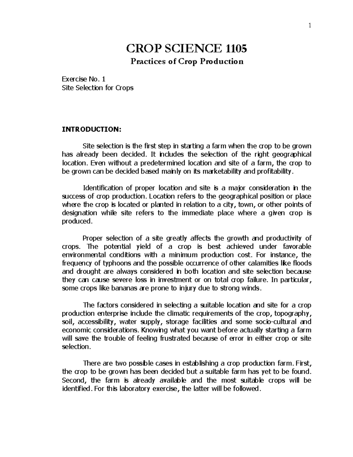 Laboratory Exercise No. 2 – Crop Site Selection and Evaluation (CROP ...