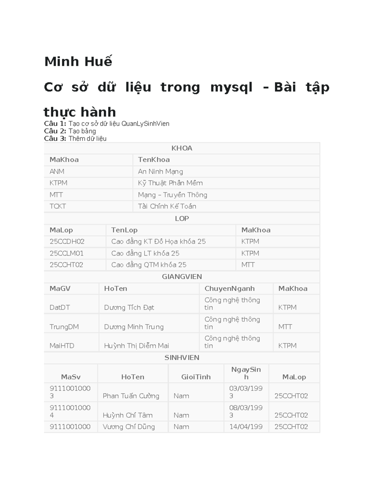 Cơ sở dữ liệu trong MySQL - Bài tập thực hành 25CCDH02 - Studocu