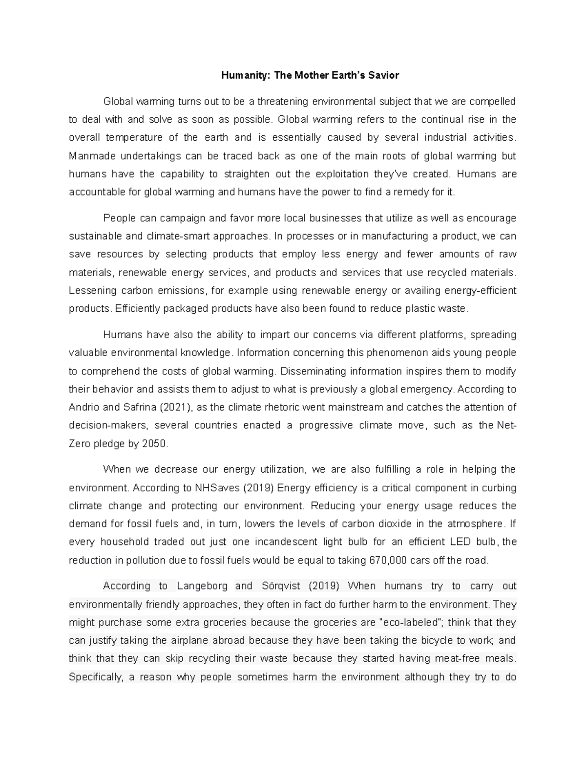Argumentative essay - ytuiuyoiy - Humanity: The Mother Earth’s Savior ...