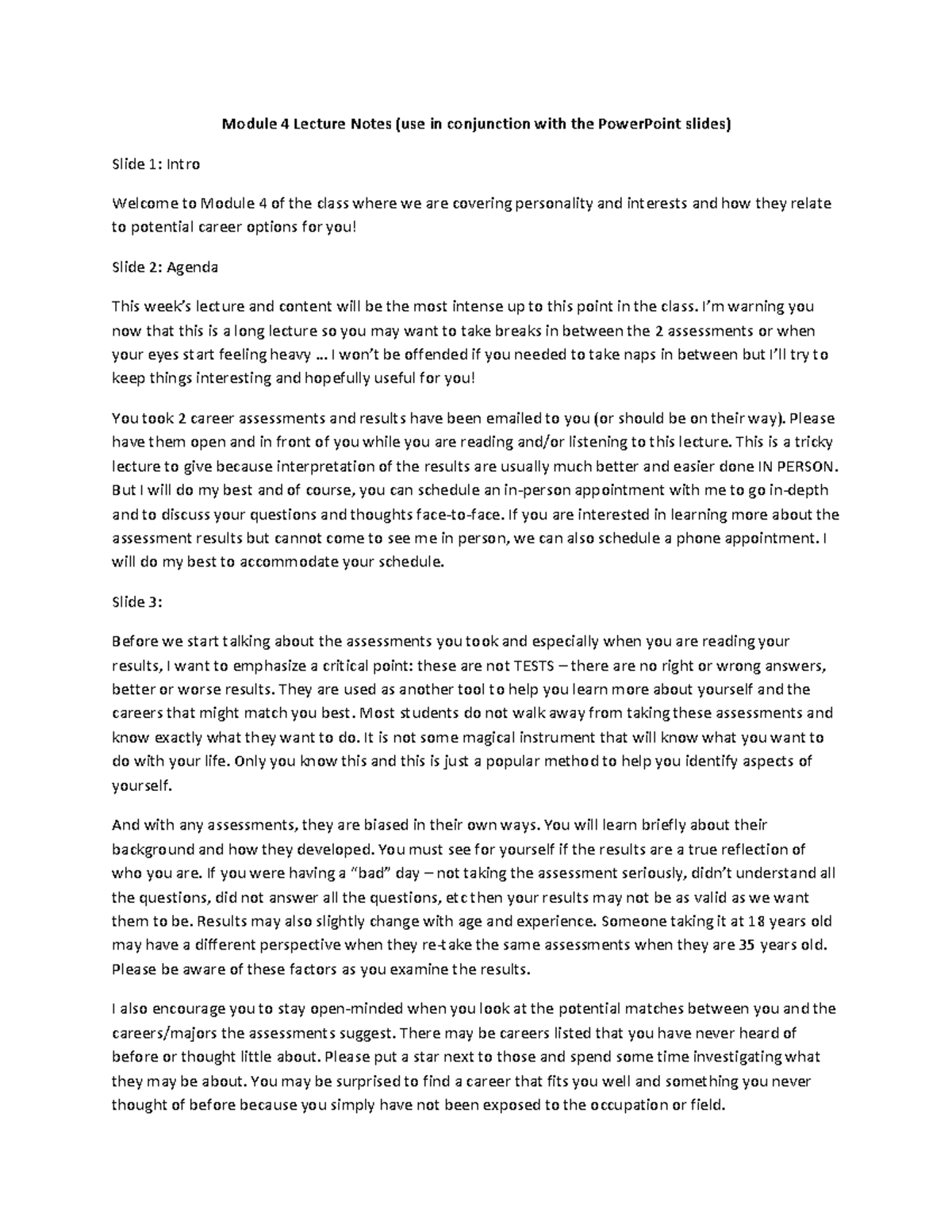 Module 4 Lecture Notes: Personality and Interests for Career Options ...