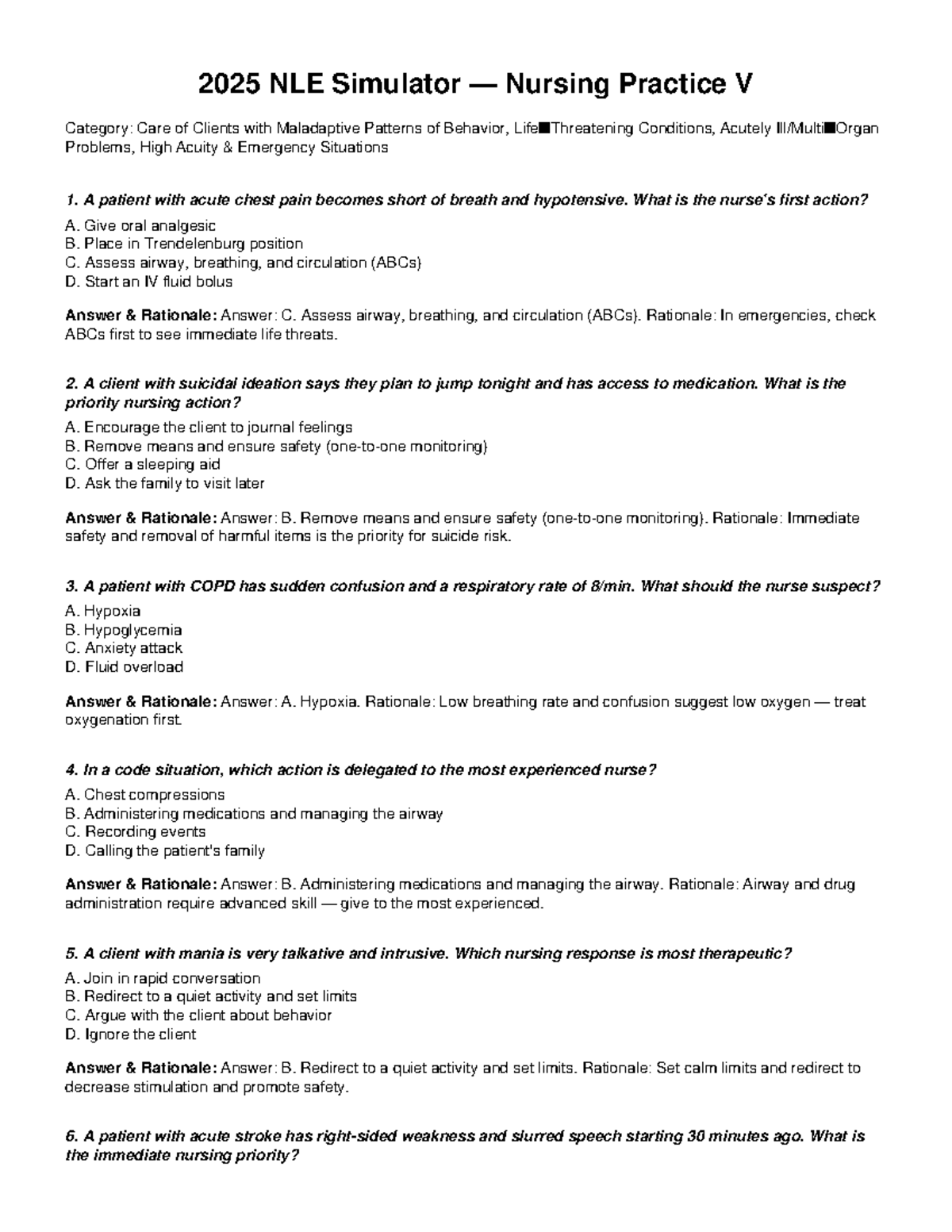 2025 NLE Simulator Nursing Practice V: 50 Questions on Emergency Care ...