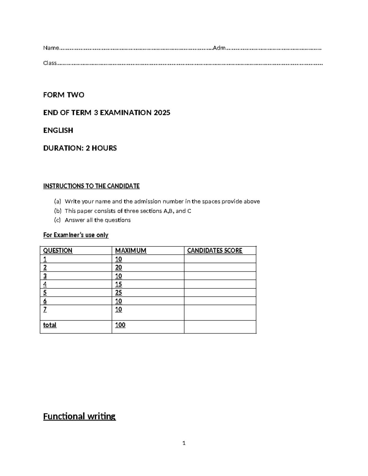 FORM TWO END OF TERM 3 EXAM 2025 ENGLISH PAPER - Studocu