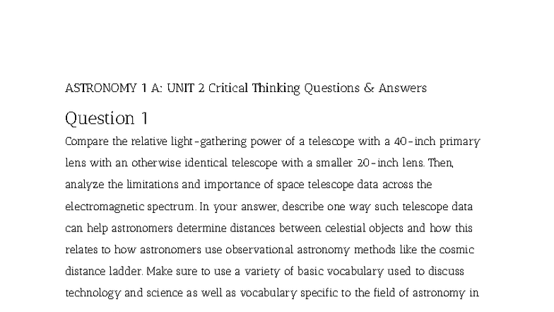 ASTRONOMY 1 A: UNIT 2 Critical Thinking Questions & Answers - Studocu