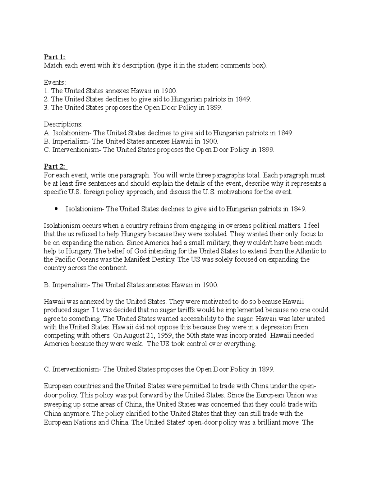 3.01 Isolationism, Intervention, and Imperialism - Part 1: Match each ...