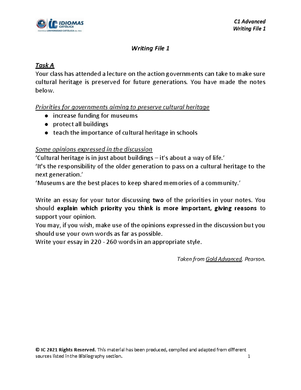 C1 Advanced Writing File 1: Essay on Cultural Heritage Preservation ...