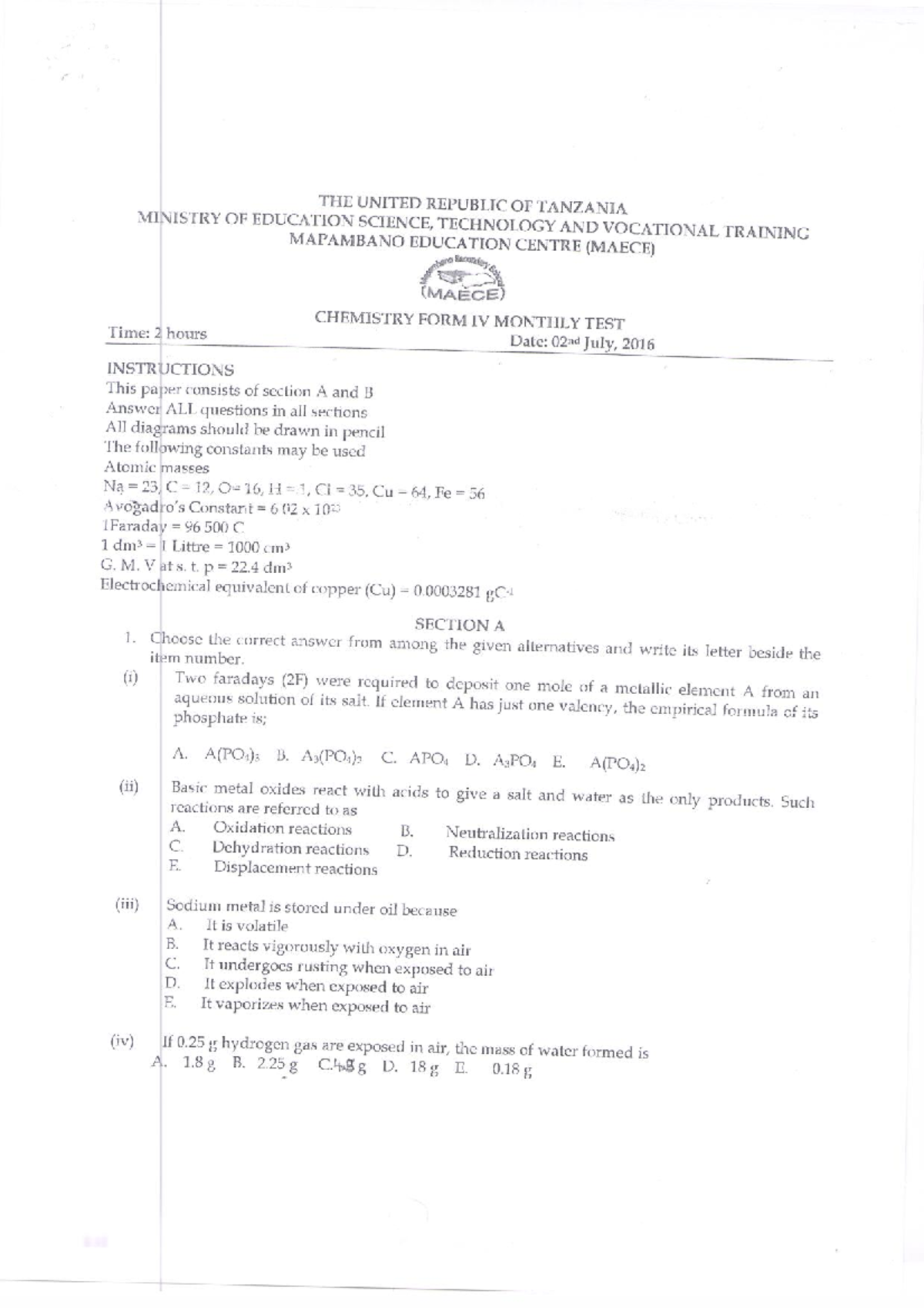 Chemistry Form IV Monthly Test - MAECE - Studocu
