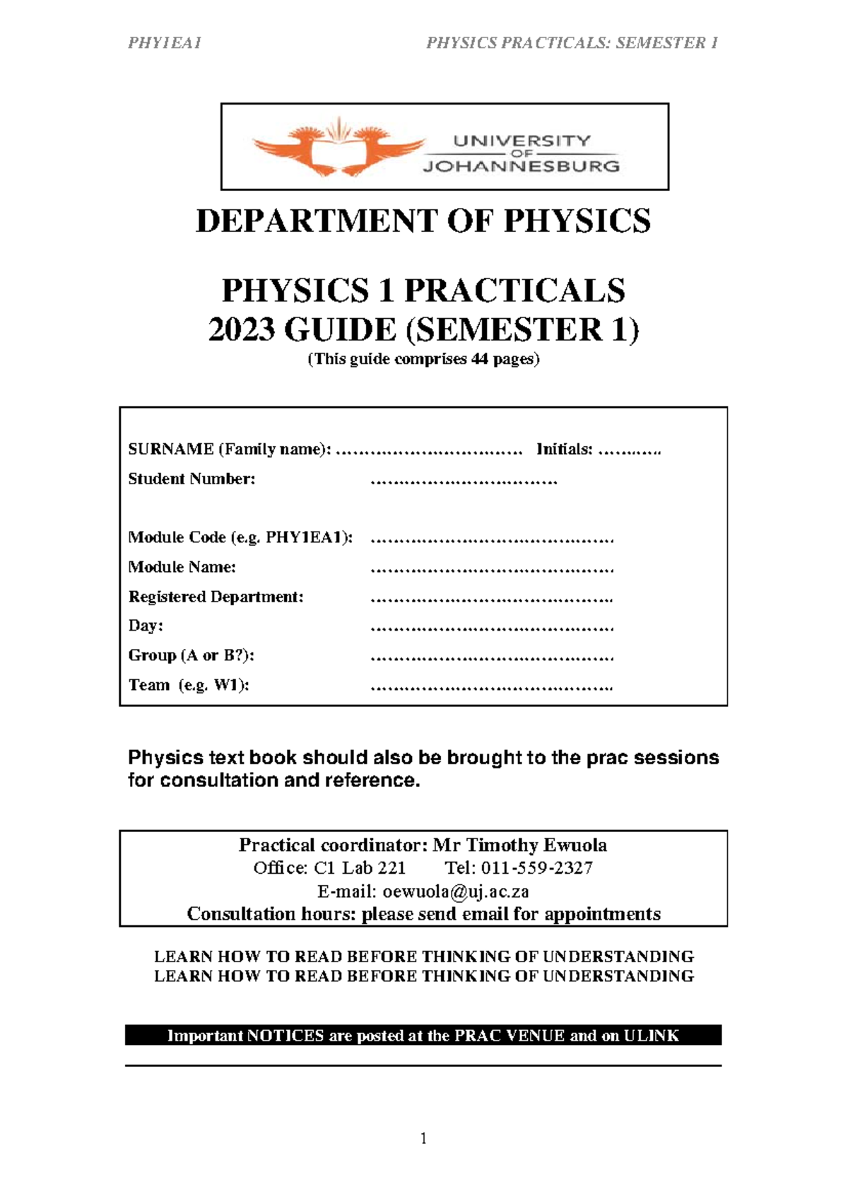 Practical Guide for Physics 1 - PHY1EA1 Semester 1 2023 - Studocu