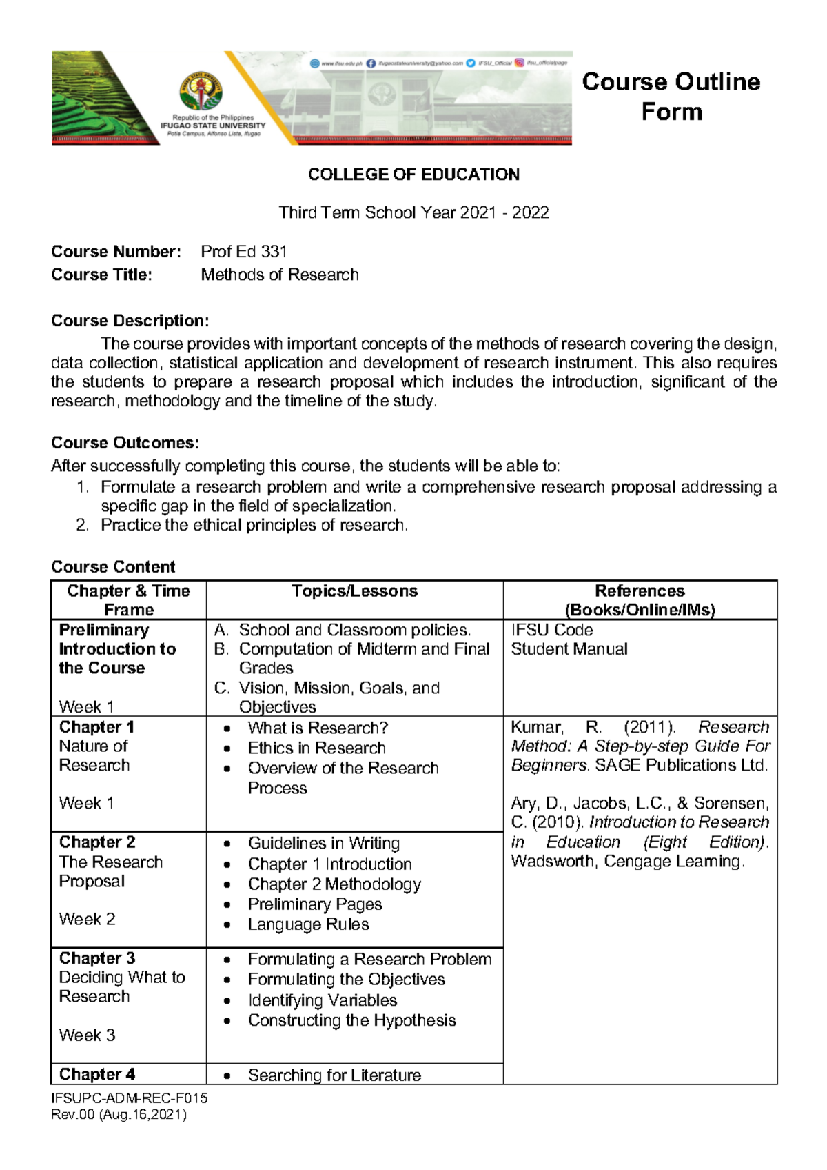 Prof Ed 331 Methods of Research Course Outline and Content Summary ...