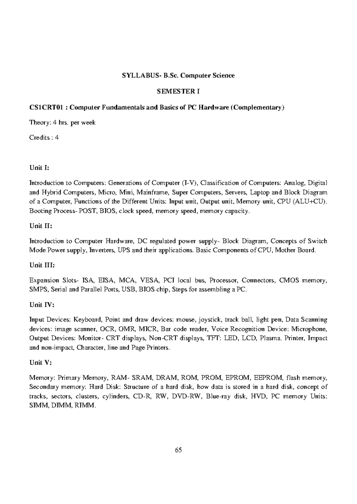 Cs-syllabus - brrrr - SYLLABUS- B. Computer Science SEMESTER I CS1CRT01 ...