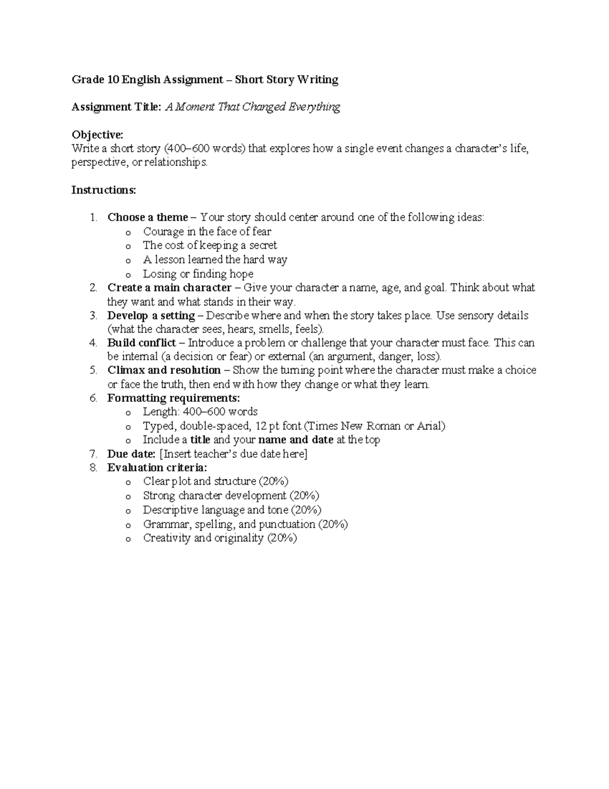 Grade 10 English Assignment: Short Story Writing Guide - Studocu