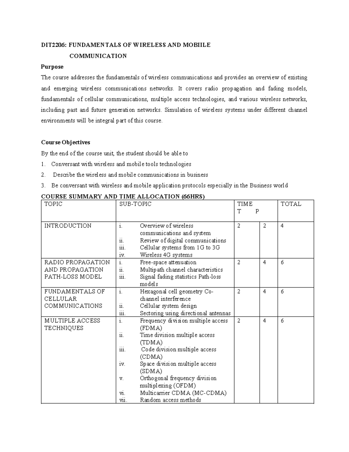 DIT2206: Course Outline for Wireless & Mobile Communication ...
