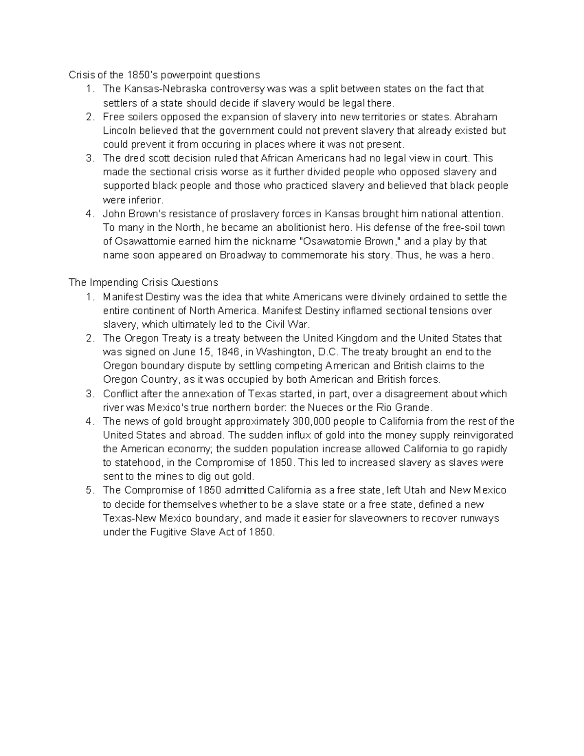 Crisis of the 1850s: PowerPoint Questions and Key Concepts - Studocu