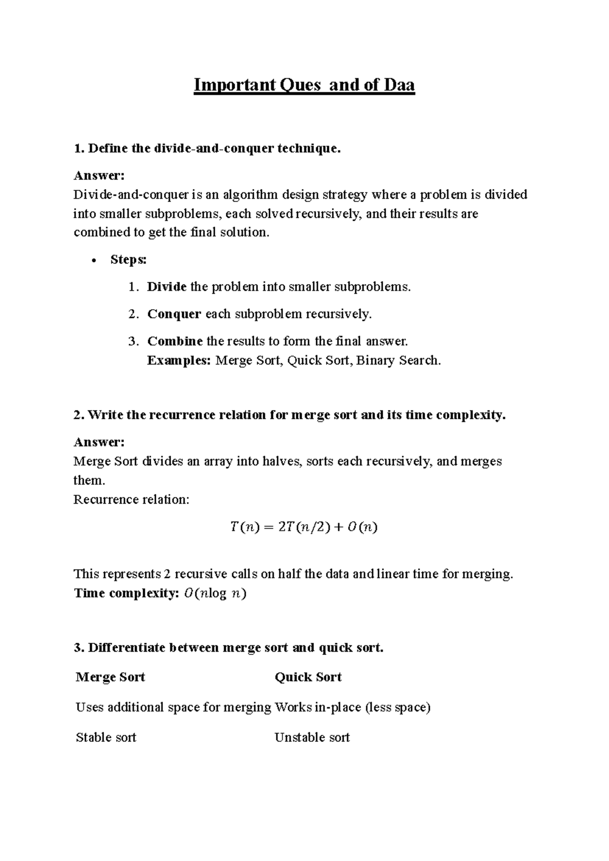 Important Questions on DAA: Divide and Conquer Techniques - Studocu