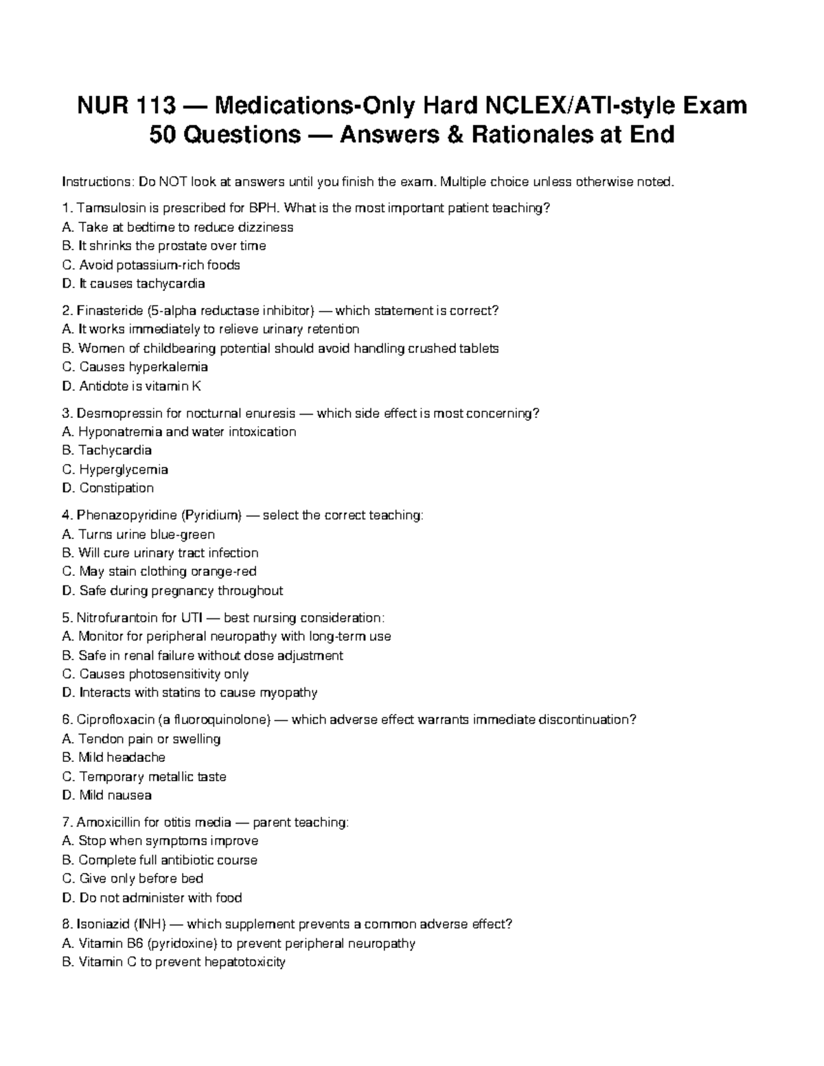 NUR 113 Hard NCLEX ATI Exam: 50 Questions with Answers & Rationale ...