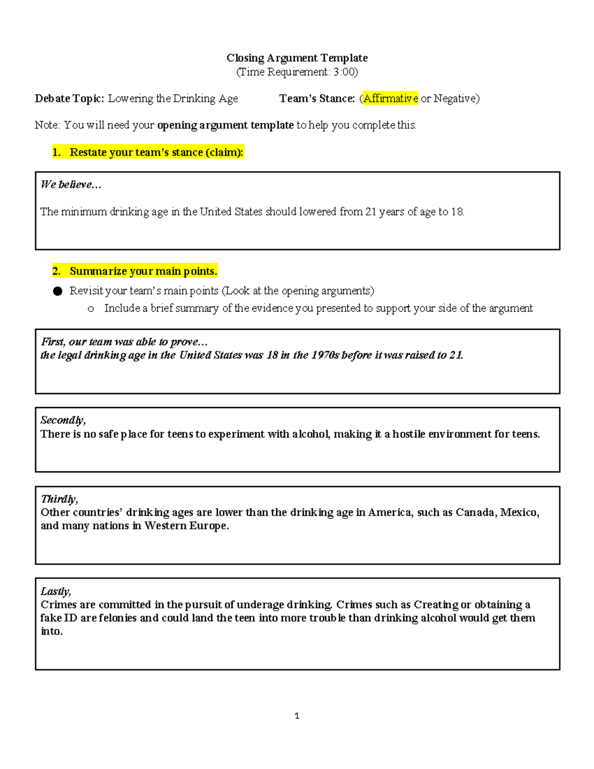 Debate Closing Argument Template (Lowering Drinking Age) - Studocu