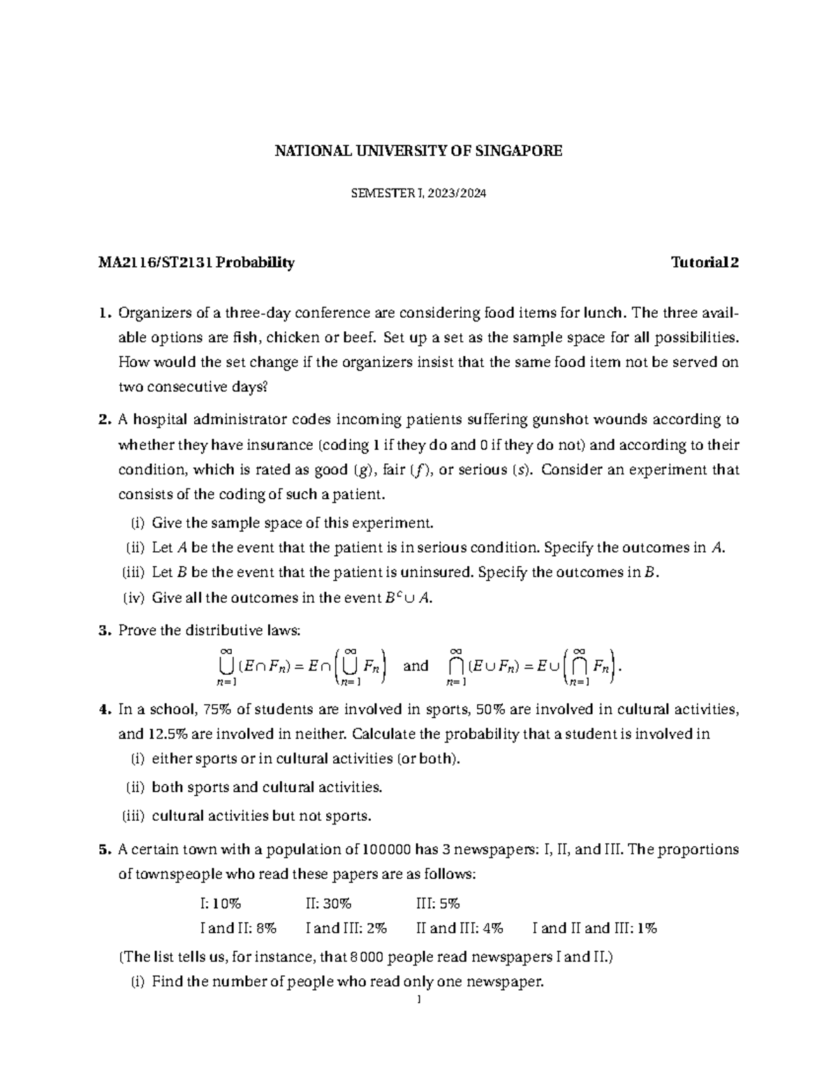 MA2116/ST2131 Probability Tutorial 02: Key Concepts & Problem Solving ...