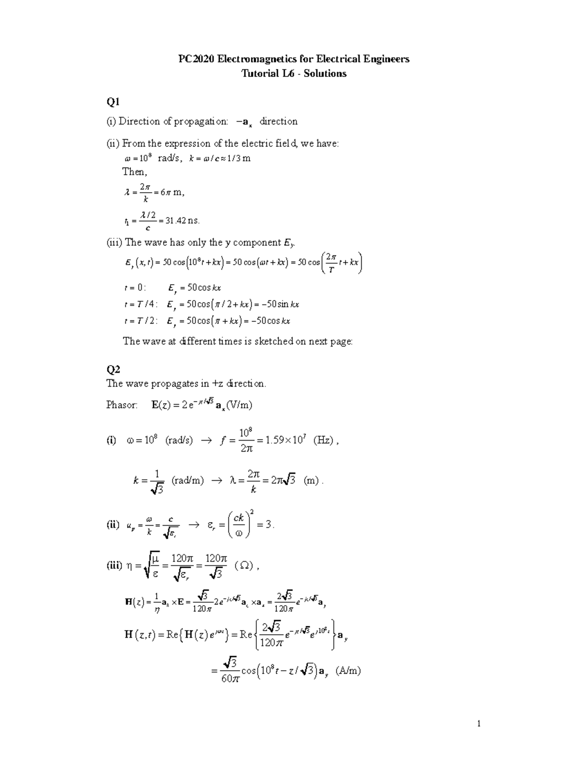 PC2020 Electromagnetics Tutorial L6 Solutions and Wave Propagation ...