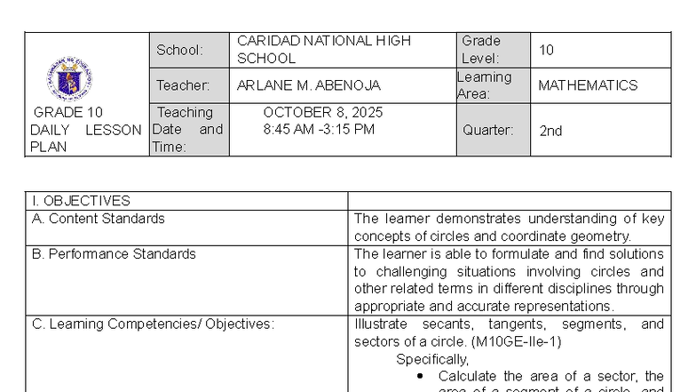 Grade 10 Math Lesson Plan: Circles, Sectors & Segments (Oct 8, 2025 ...