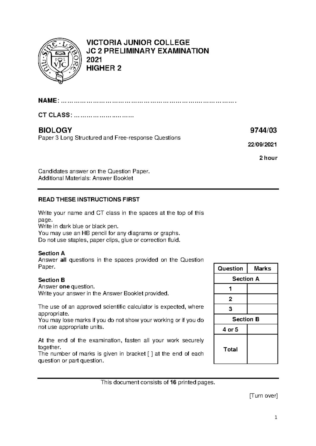 2021 H2 Biology 9744 Paper 3 Preliminary Exam Questions - Studocu