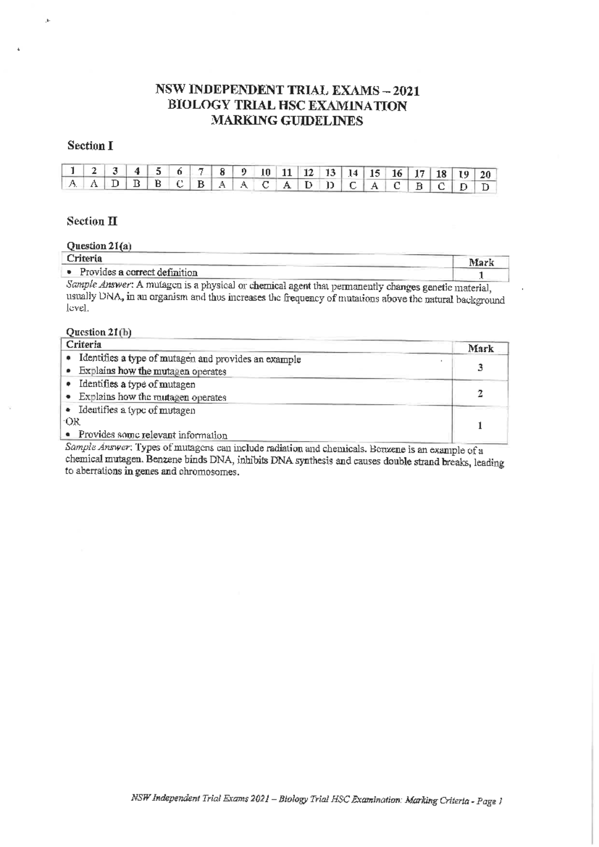 NSW Biology Trial HSC Exam 2021: Marking Guidelines & Solutions - Studocu