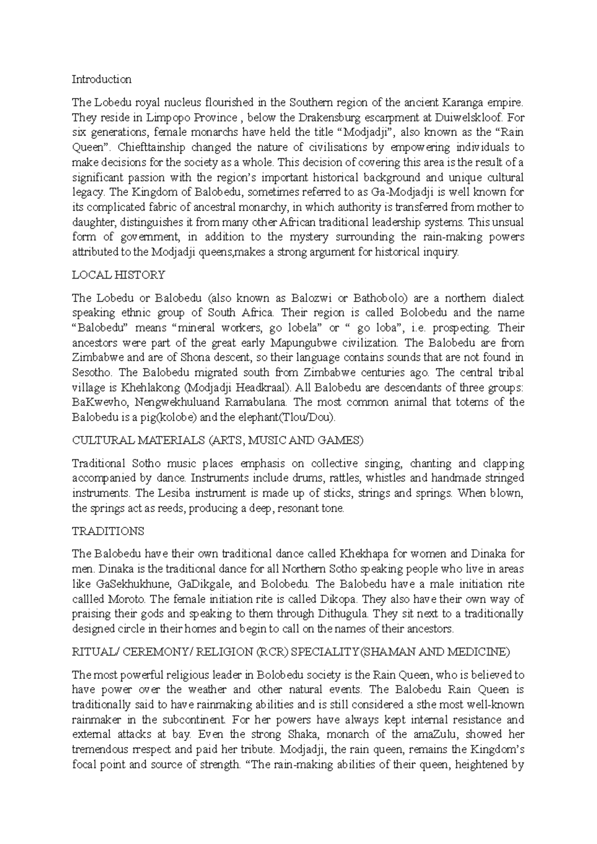 MIC Assignment: The Lobedu Kingdom and Cultural Practices - Studocu