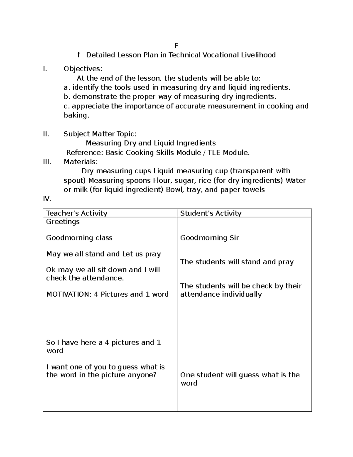 Detailed Lesson Plan: Measuring Dry & Liquid Ingredients (TVL I) - Studocu
