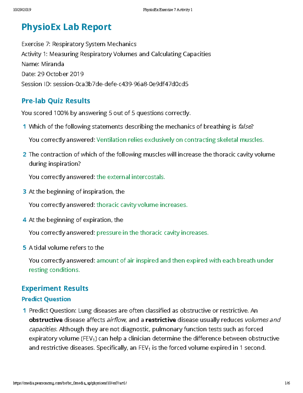 PhysioEx 7: Respiratory System Mechanics Lab Report & Results - Studocu