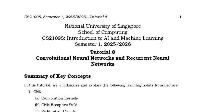 CS2109S: Tutorial 8 - CNNs & RNNs Key Concepts Summary - Studocu