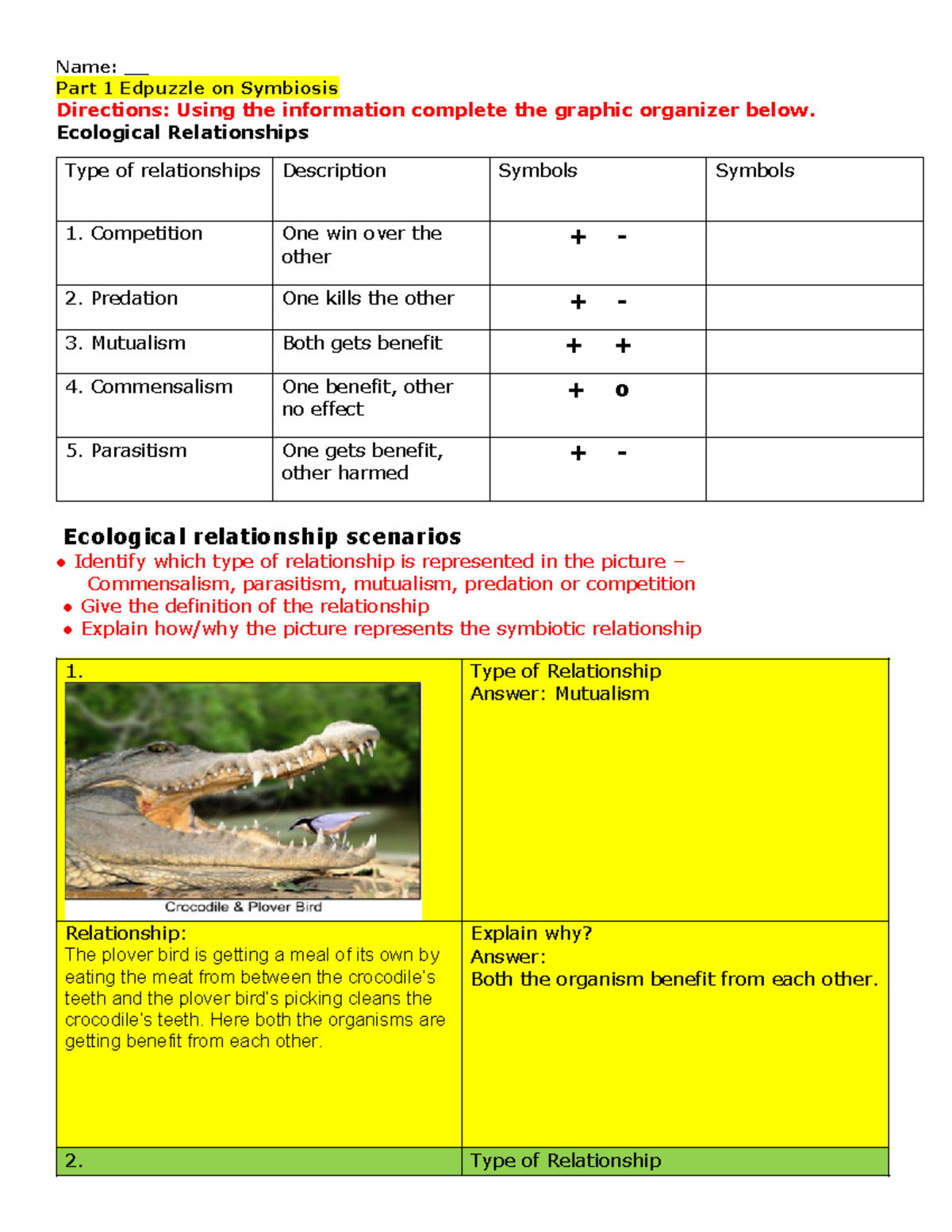 Symbiosis worksheet 2020 - Name: __ Part 1 Edpuzzle on Symbiosis ...