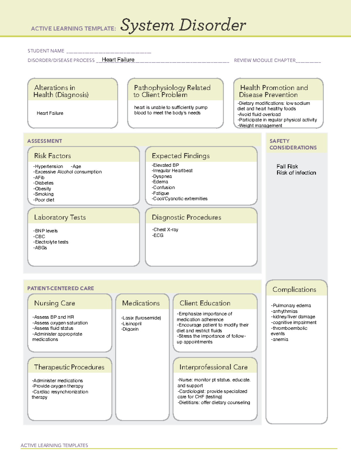 ACTIVE LEARNING TEMPLATE: Heart Failure Pathophysiology & Care - Studocu