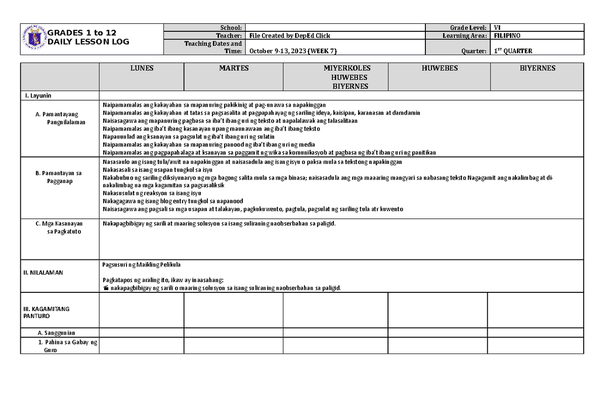 DLL Filipino 6 Q1 W7 - sample - GRADES 1 to 12 DAILY LESSON LOG School ...