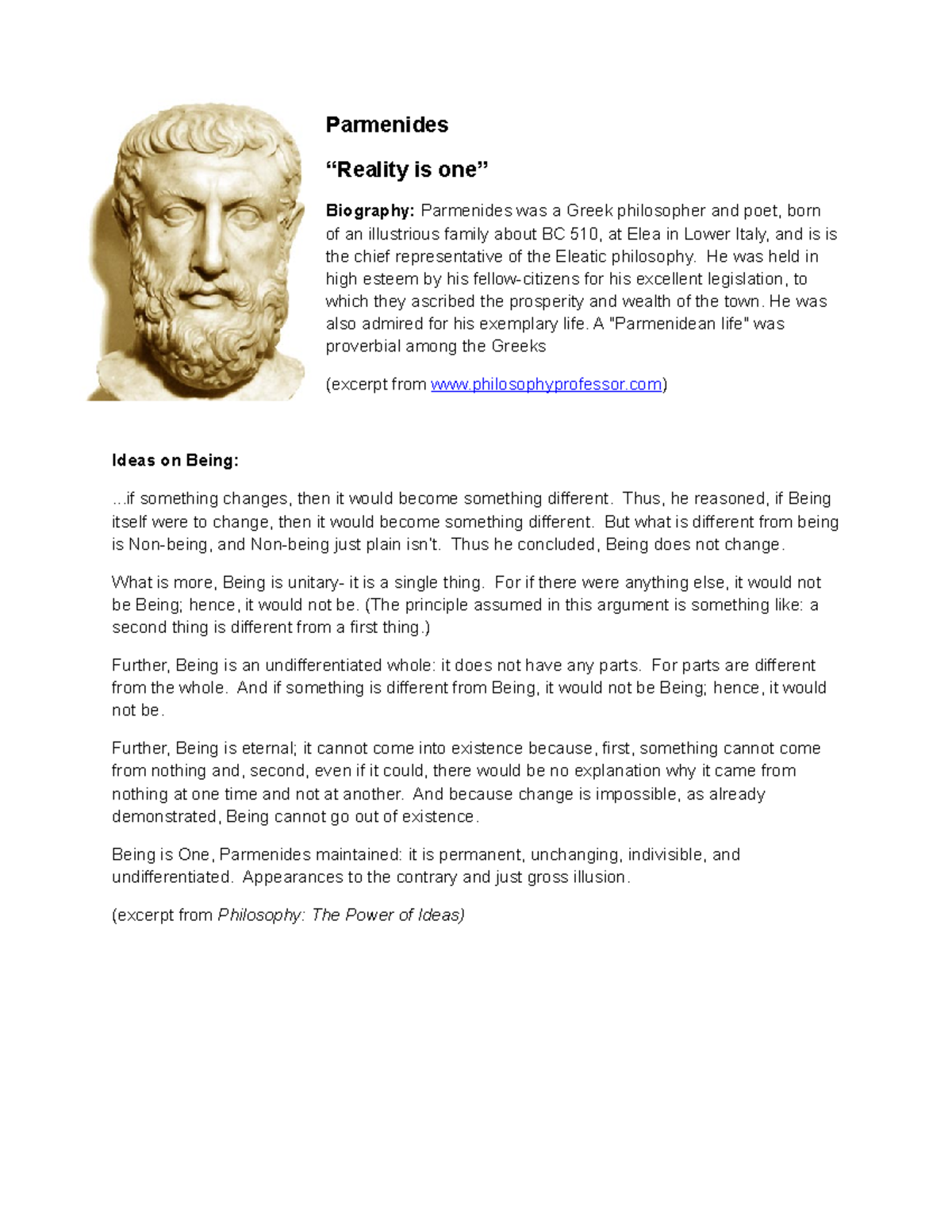 2C Pre Socratic Metaphysics Readings - Parmenides “Reality is one ...