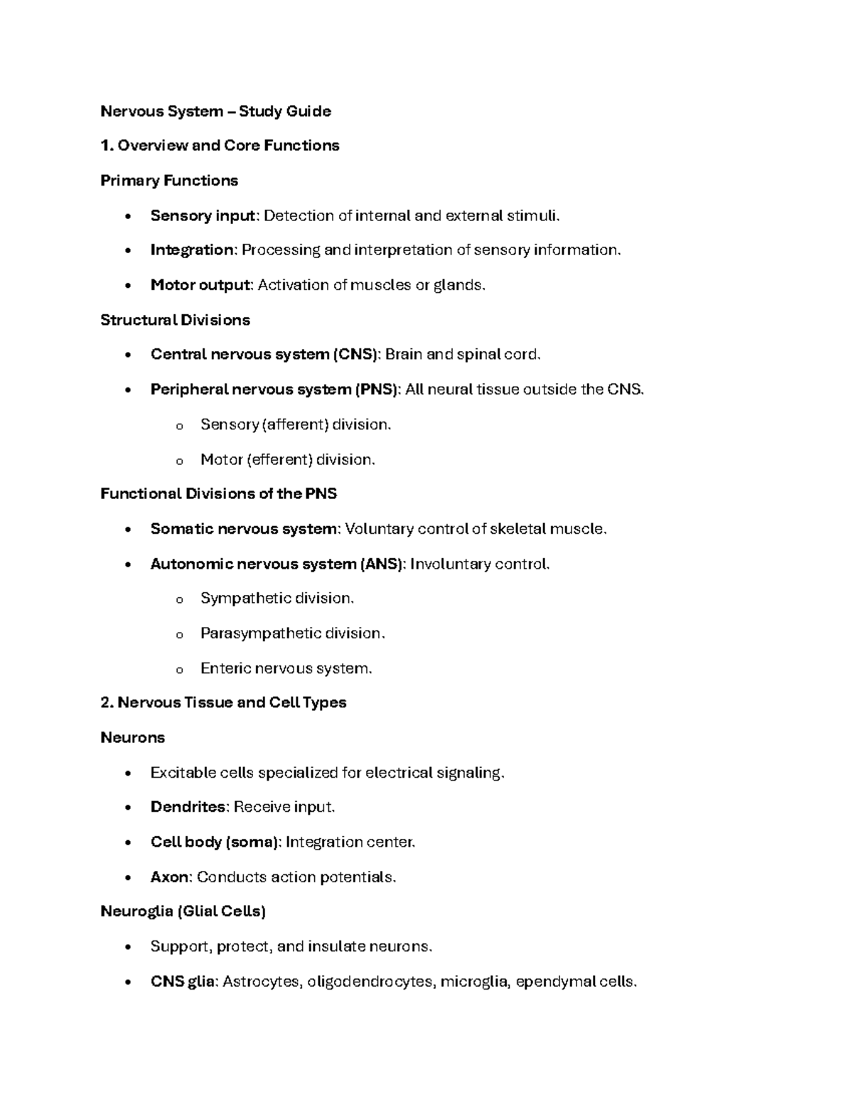 Nervous System Study Guide: Overview, Functions, and Pathways - Studocu