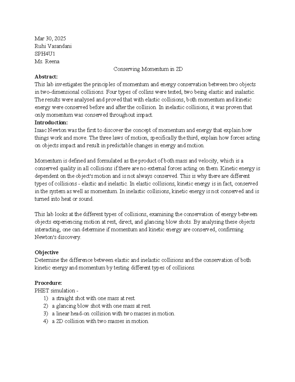 SPH4U1 - Momentum and Energy Conservation Lab Report - Studocu