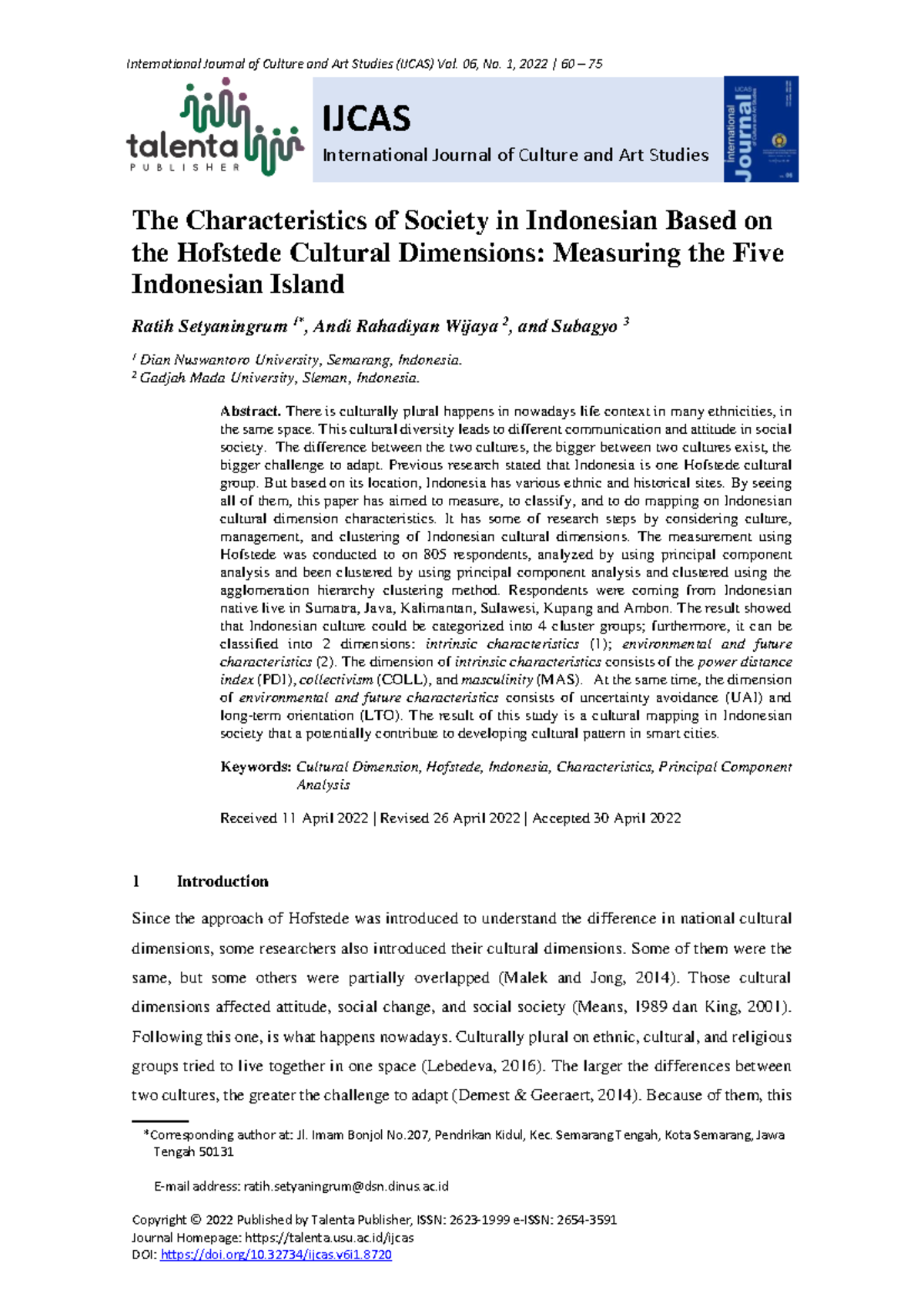 IJCAS Vol. 06, No. 1, 2022: Hofstede's Cultural Dimensions in Indonesia ...