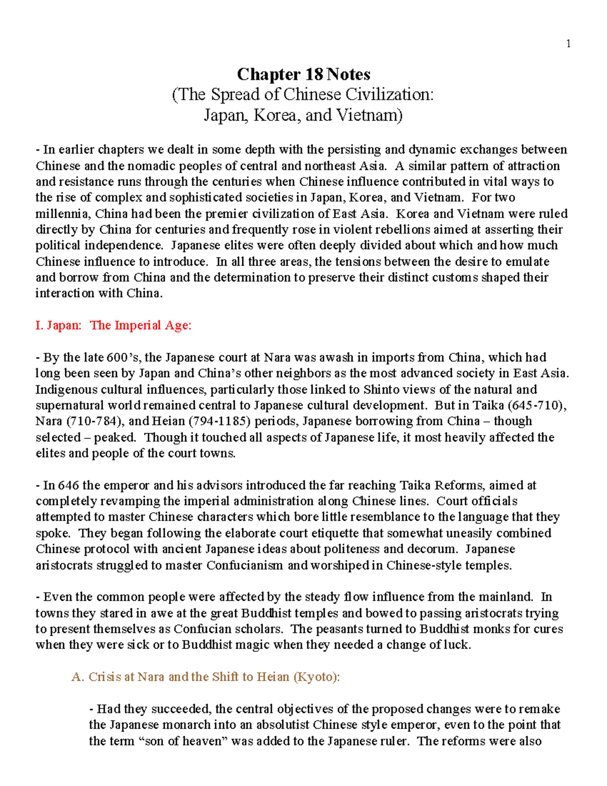 Chapter 18 Notes: The Spread of Chinese Civilization in Japan, Korea ...