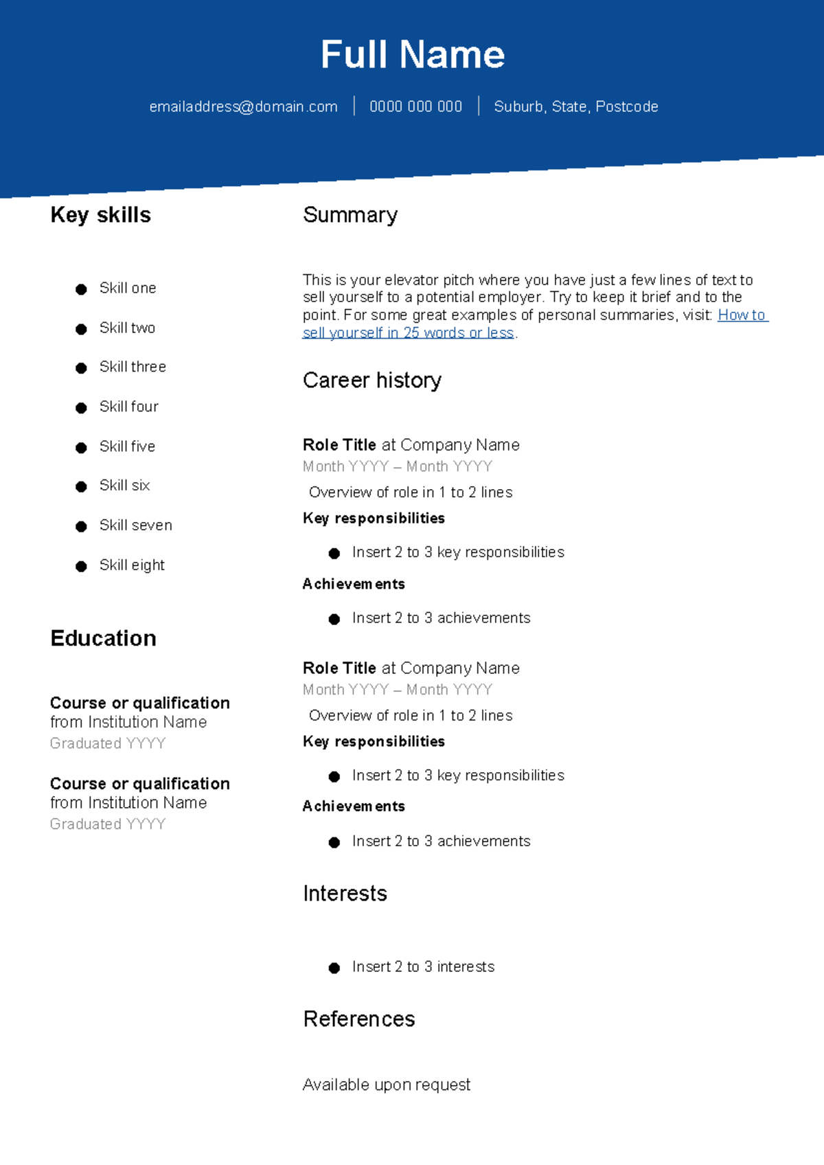 SEEK Resume Template 1: Key Skills & Career Overview - Studocu